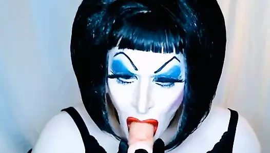 Sissy Slut In Heavy Makeup Sucks And Deep Throats Dildo On Cam Shemale